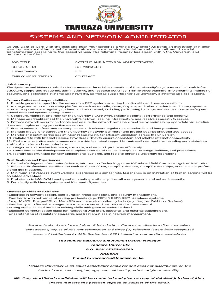Systems and Network Administrator Job at Tangaza University | PDF | Computer Network | Computer ...