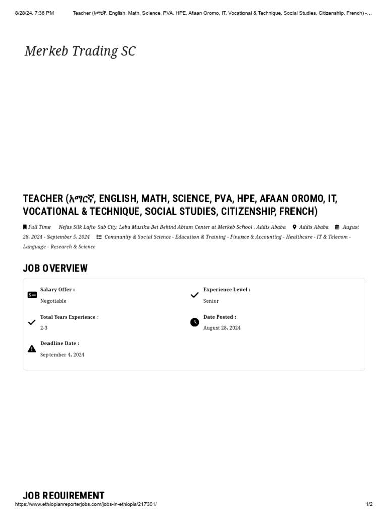 Teacher (, English, Math, Science, PVA, HPE, Afaan Oromo, IT ...