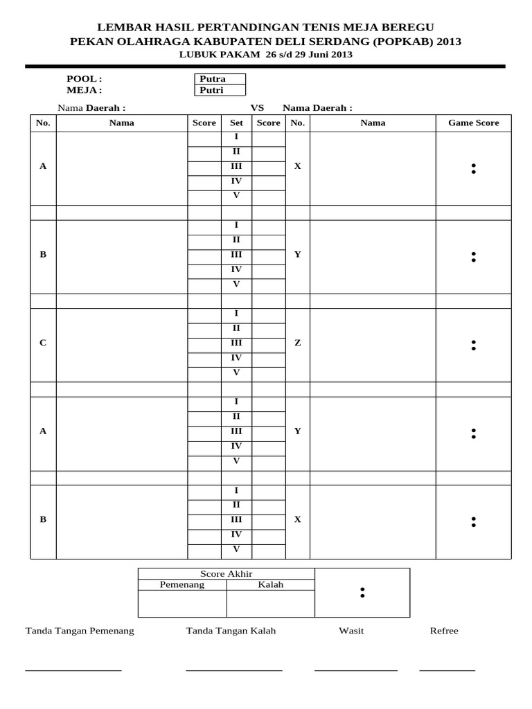 Lembar Hasil Pertandingan Tenis Meja Beregu | PDF