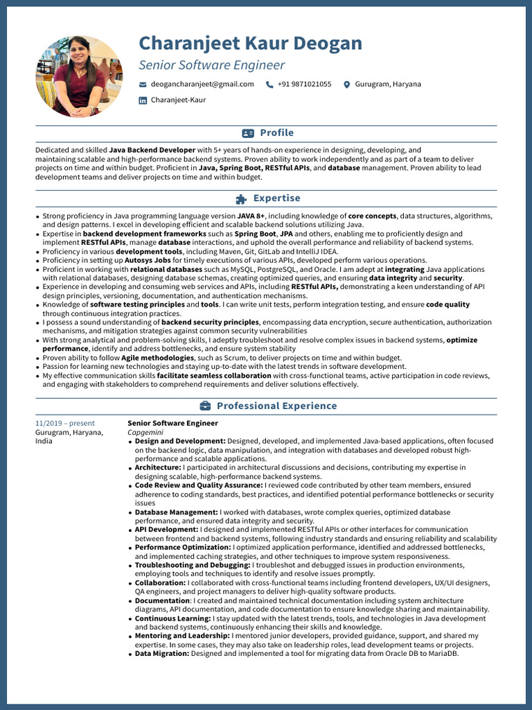 Charanjeet Kaur Deogan: Senior Software Engineer | PDF | Databases | Java (Programming Language)