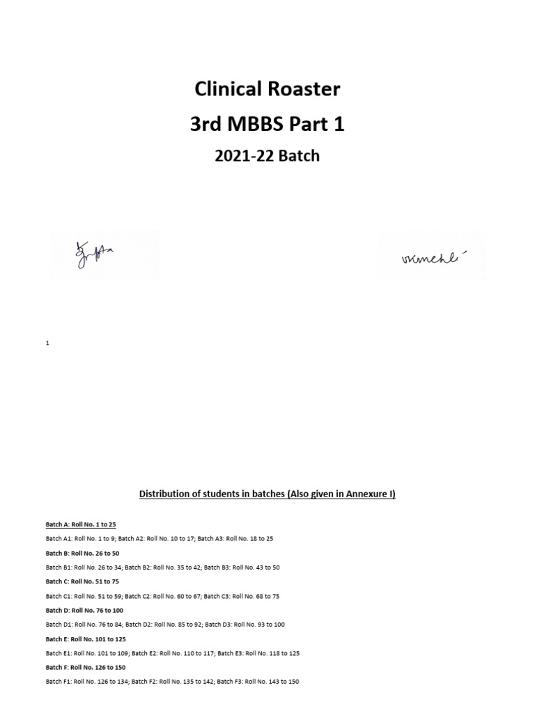 Clinical Roaster 3rd MBBS Part 1 150424 | PDF | Health Sciences | Medical Specialties