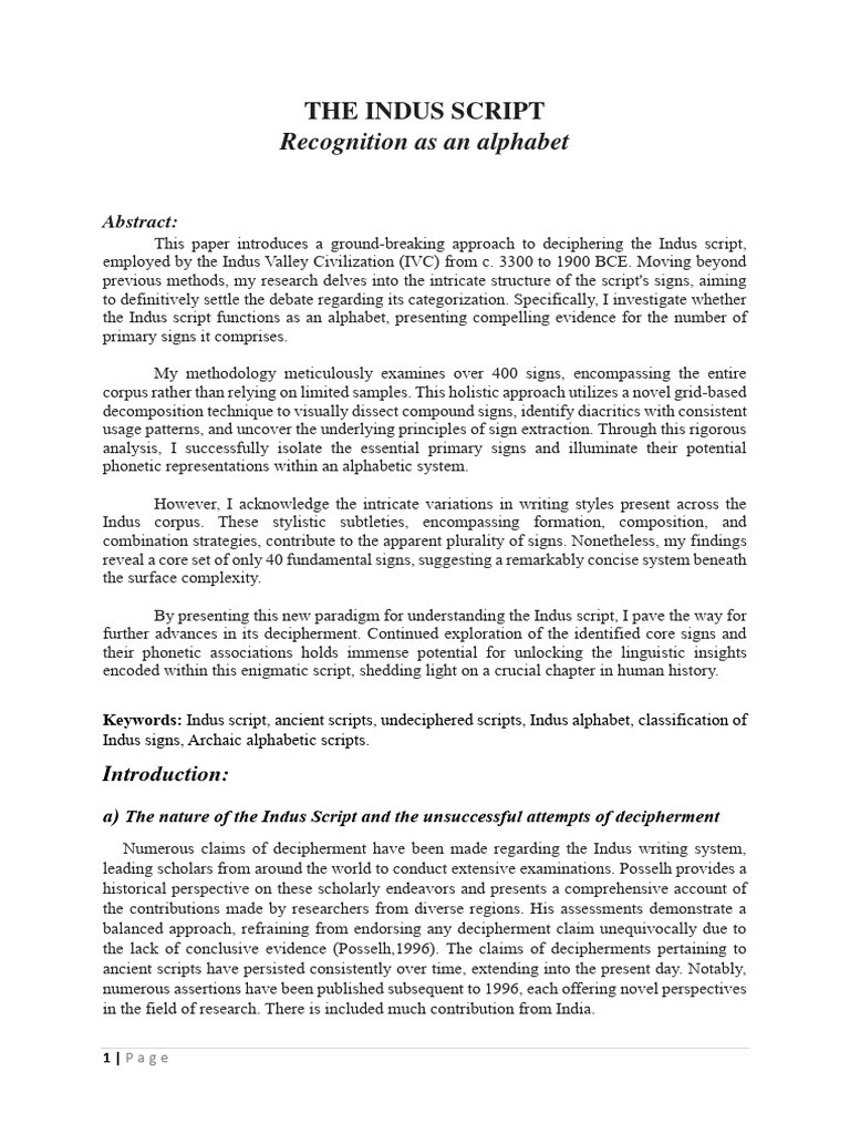 The INDUS SCRIPT Recognition As An Alpha | PDF | Writing | Vowel