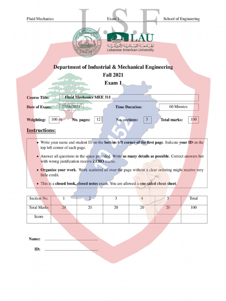 Fluids Exam 1 Fall 2021 | PDF