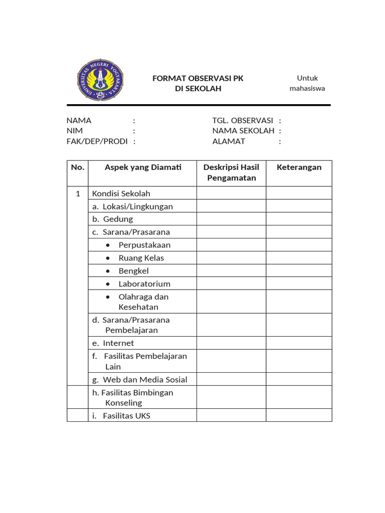 Format Observasi PK Di Sekolah | PDF | Karier & Perkembangan | Seni