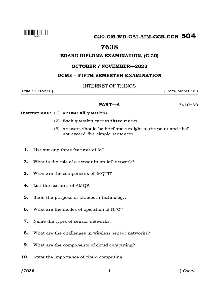 IoT Exam: DCME 5th Semester 2023 | PDF | Internet Of Things | Network Architecture
