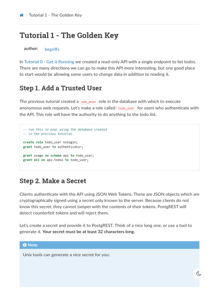 Tutorial 1 - The Golden Key - PostgREST 12.2 Documentation | PDF ... Tutorial 1 - The Golden Key - PostgREST 12.2 Documentation | PDF ...