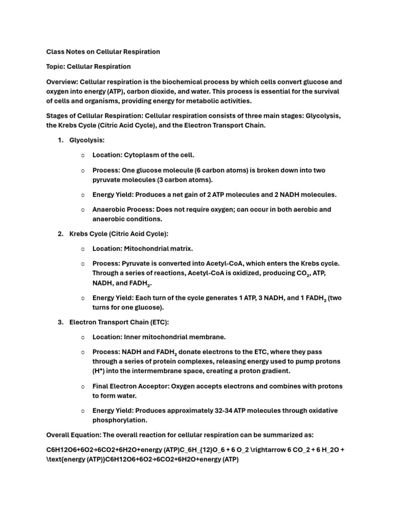 Class Notes On Cellular Respiration | PDF | Cellular Respiration ...