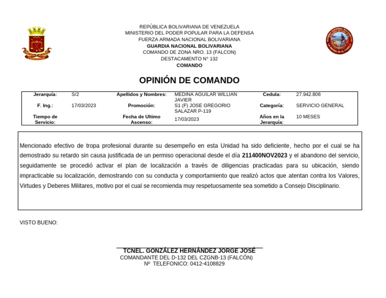 Opinión de Comando sobre Conducta Militar | PDF