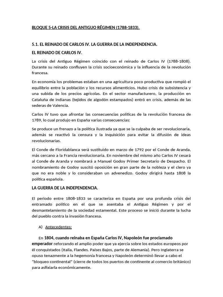 BLOQUE 4 La Crisis Del Antiguo RÃ©gimen (1788-1833) | PDF | España | Napoleón