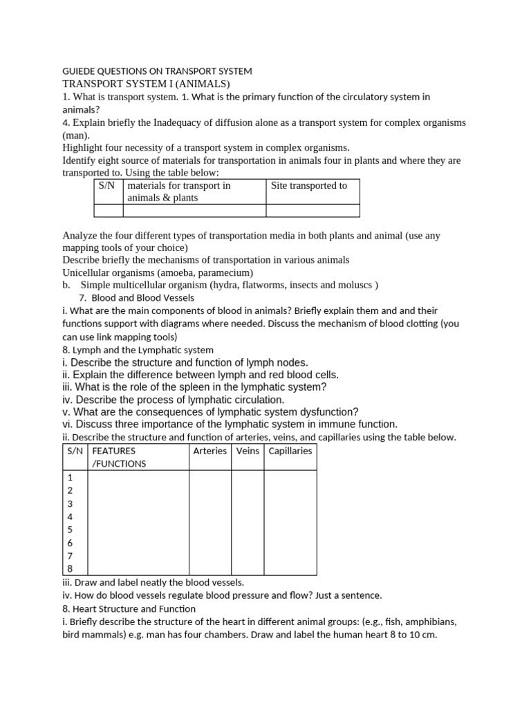Guiede Questions On Transport System | PDF | Heart | Lymph