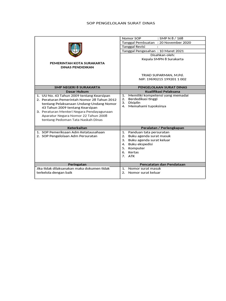 167 Sop Pengelolaan Surat Dinas 1 | PDF