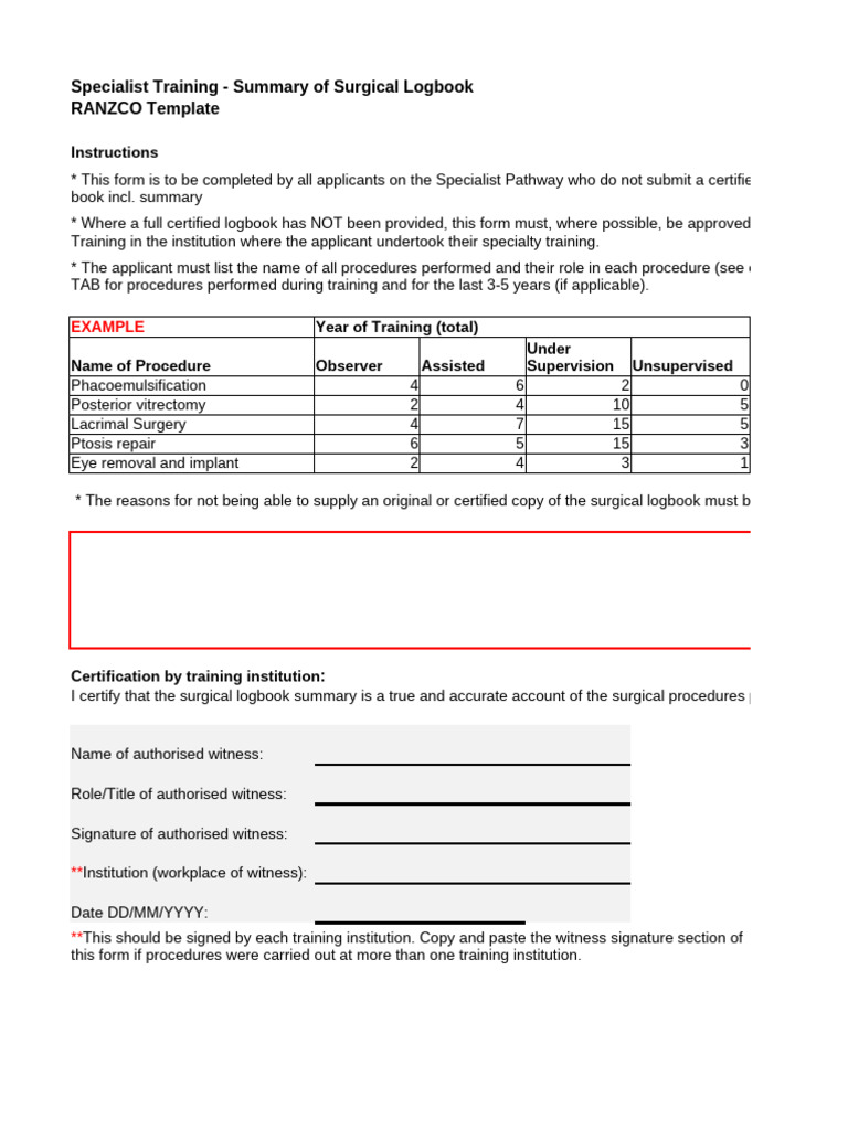 Surgical Logbook Summary Template | PDF | Cornea | Glaucoma