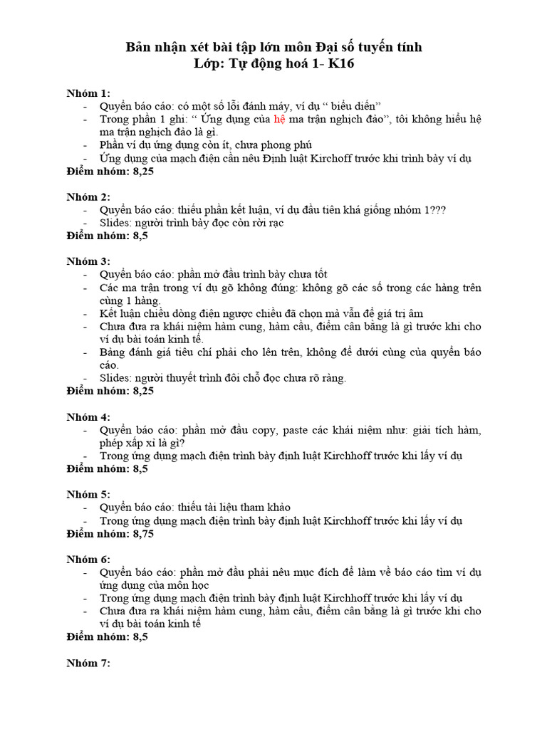 Bản nhận xét bài tập lớn - TĐH1 - K16 | PDF