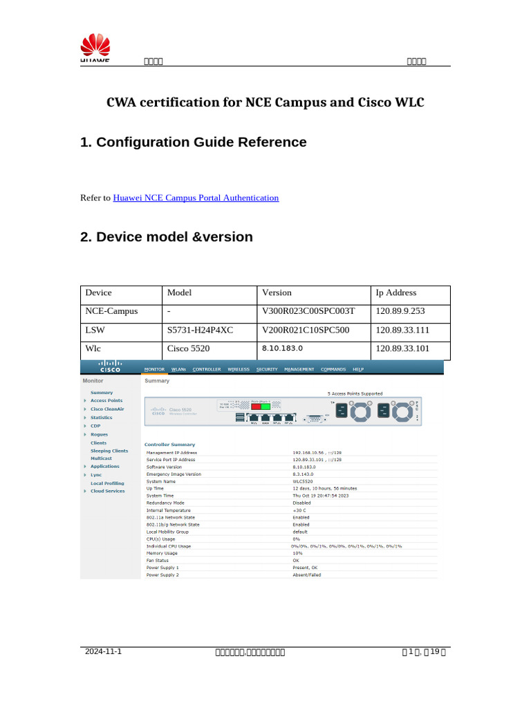 CWA Certification For NCE Campus and Cisco WLC 5520 | PDF