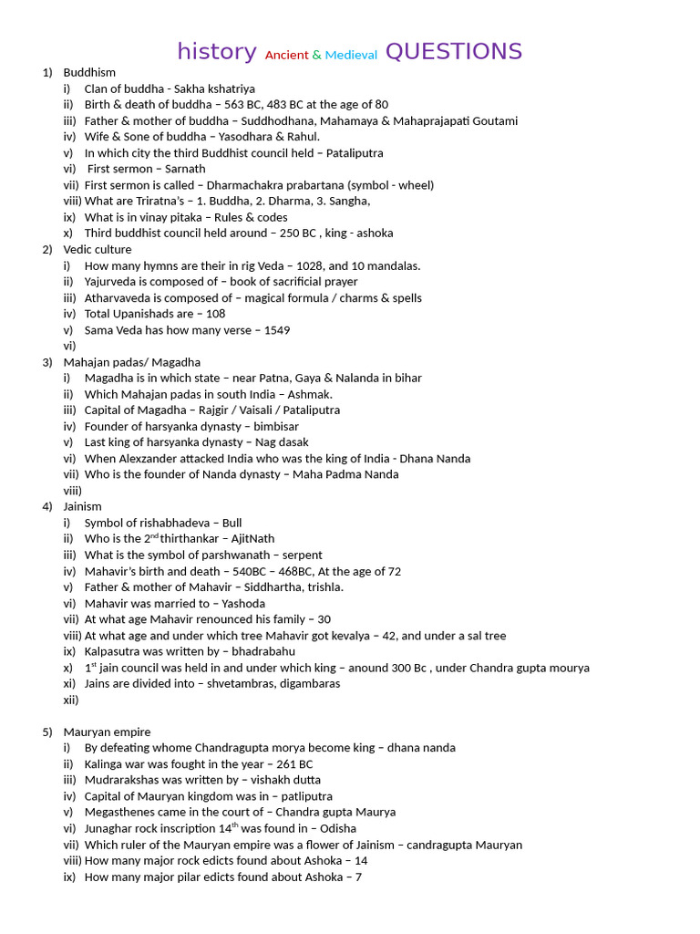 HISTORY Ancient - Medieval Questions | PDF | Indian Religions | Ancient ...