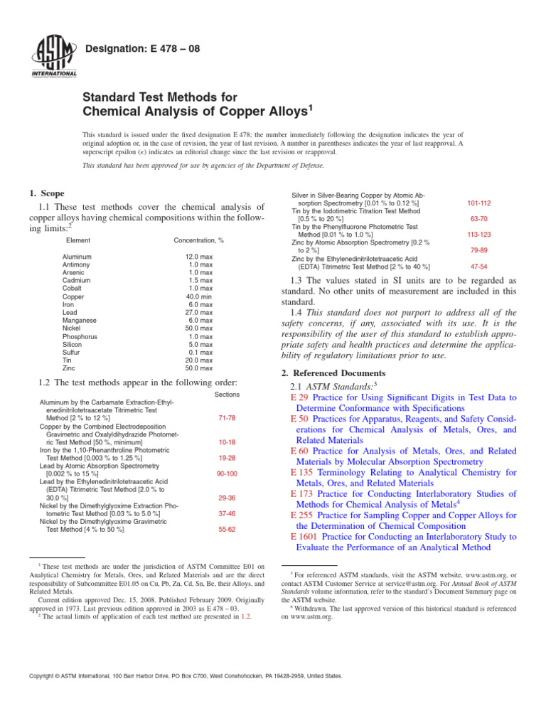 ASTM E 478: Copper Alloy Analysis Methods | PDF | Chemistry | Titration