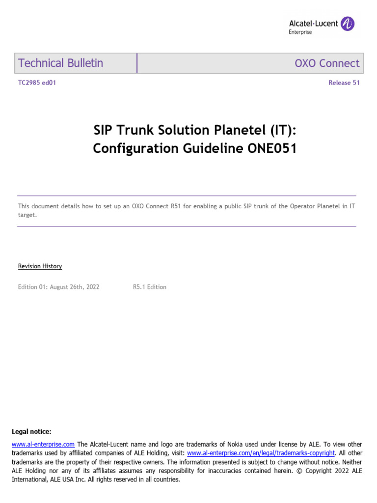 TC2985en-Ed01 SIP Trunk Solution Planetel-TopoC-IT Configuration Guideline For OXO Connect ...
