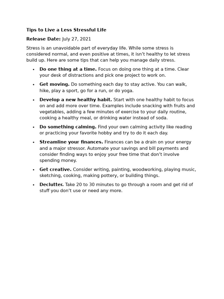 Tips To Live A Less Stressful Life | PDF | Career & Growth | Self ...
