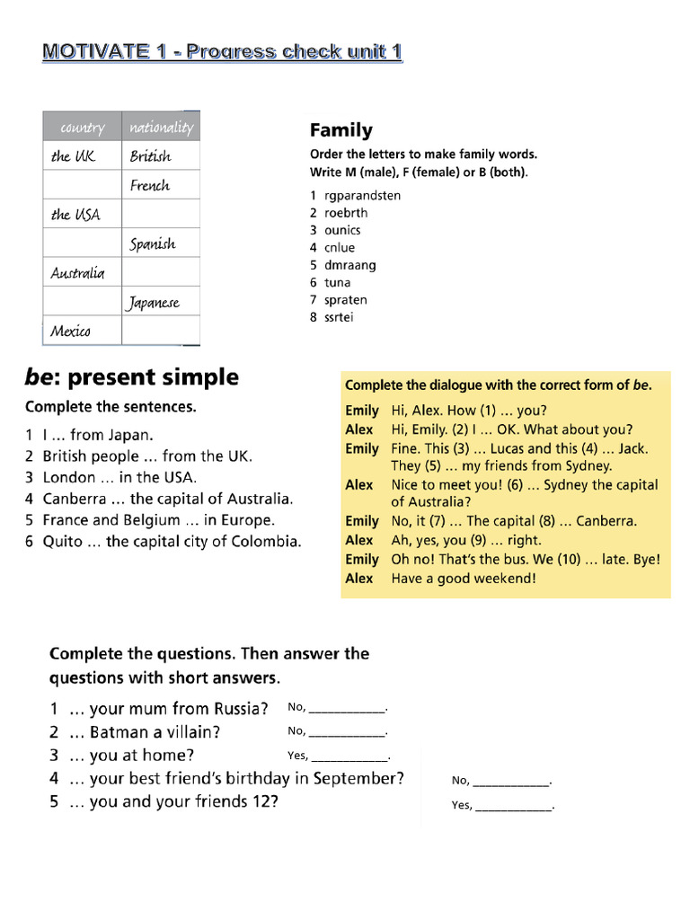 MOTIVATE 1 Unit 1 Progress Check | PDF
