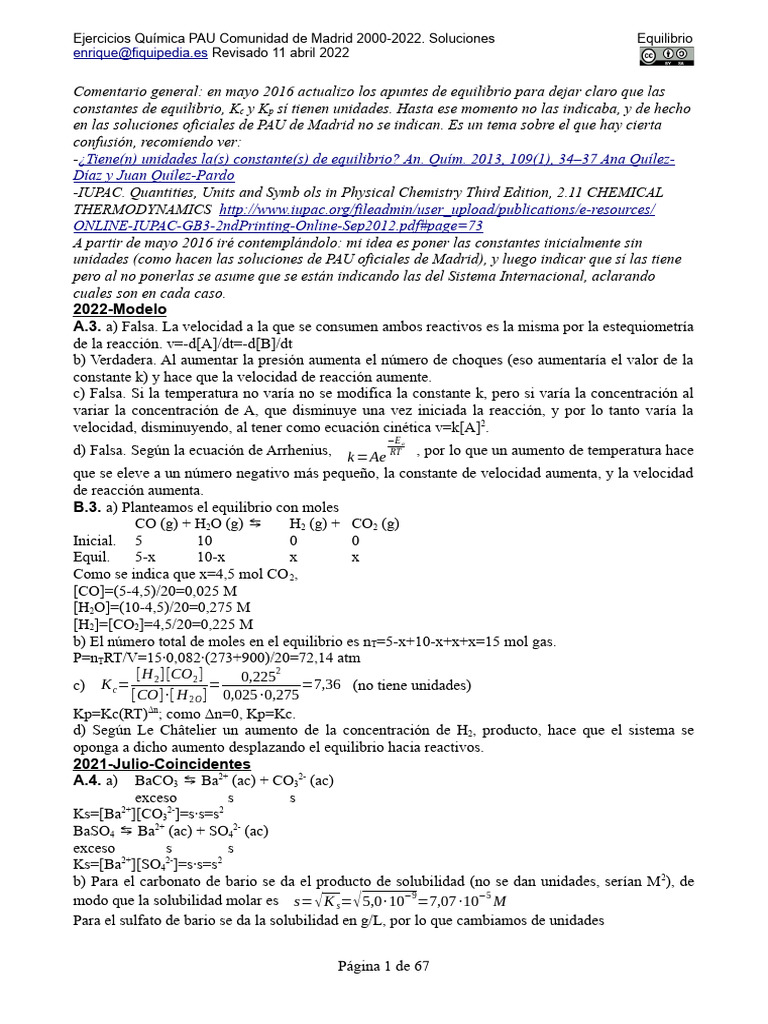 Q5 PAU Equilibrio Soluc | PDF | Equilibrio químico | Solubilidad