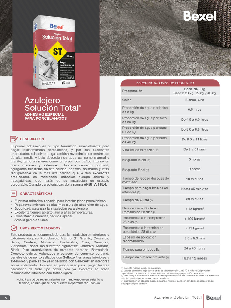 Bexel Ficha Tecnica Adhesivo | PDF | Cemento | Agua