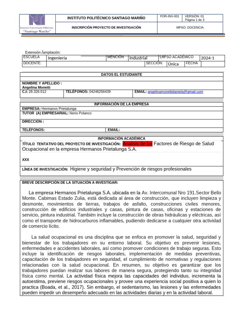 Forma 001 Inv Inscrip Proy Inv - Editable Angelina Monetti | PDF ...