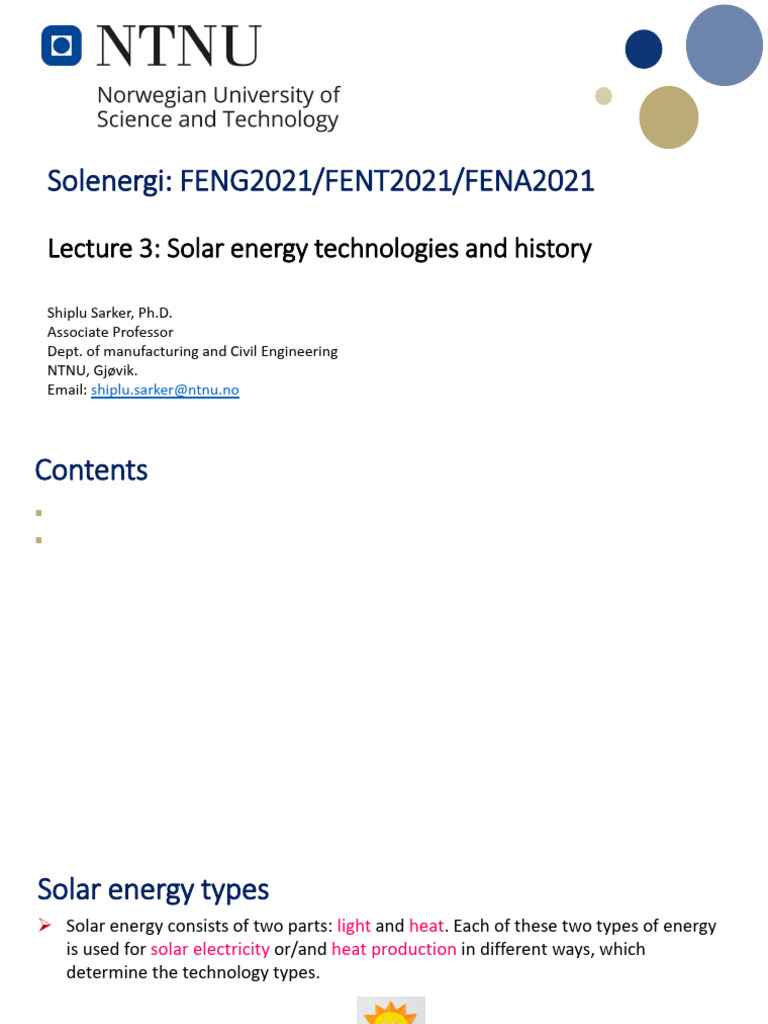 Lecture 3 - Solar Energy Types and History | PDF | Photovoltaics ...