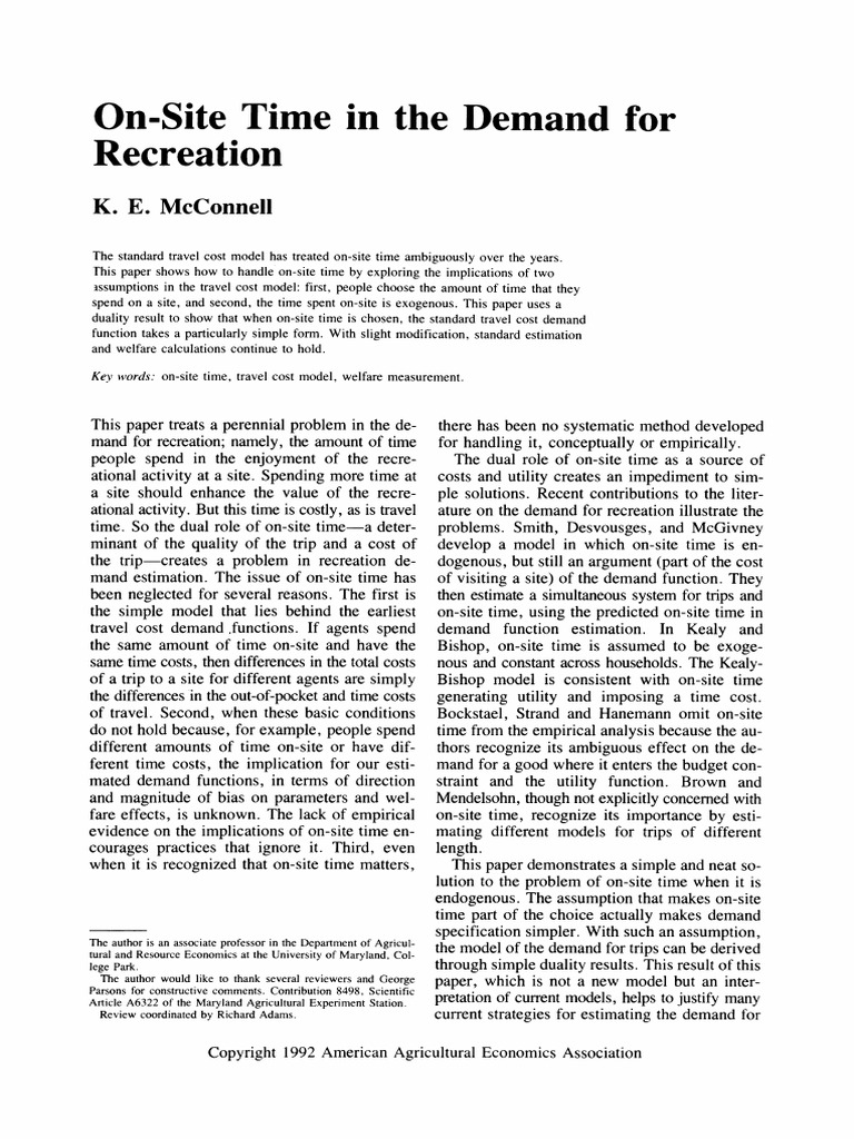 On-Site Time in The Demand For Recreation | PDF | Utility | Demand