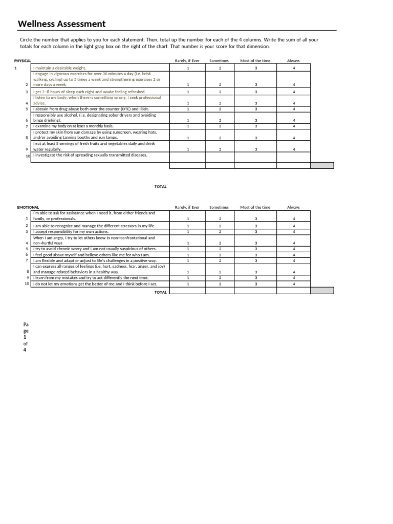 Health Wellness Assessment Worksheet | PDF | Spirituality | Anger