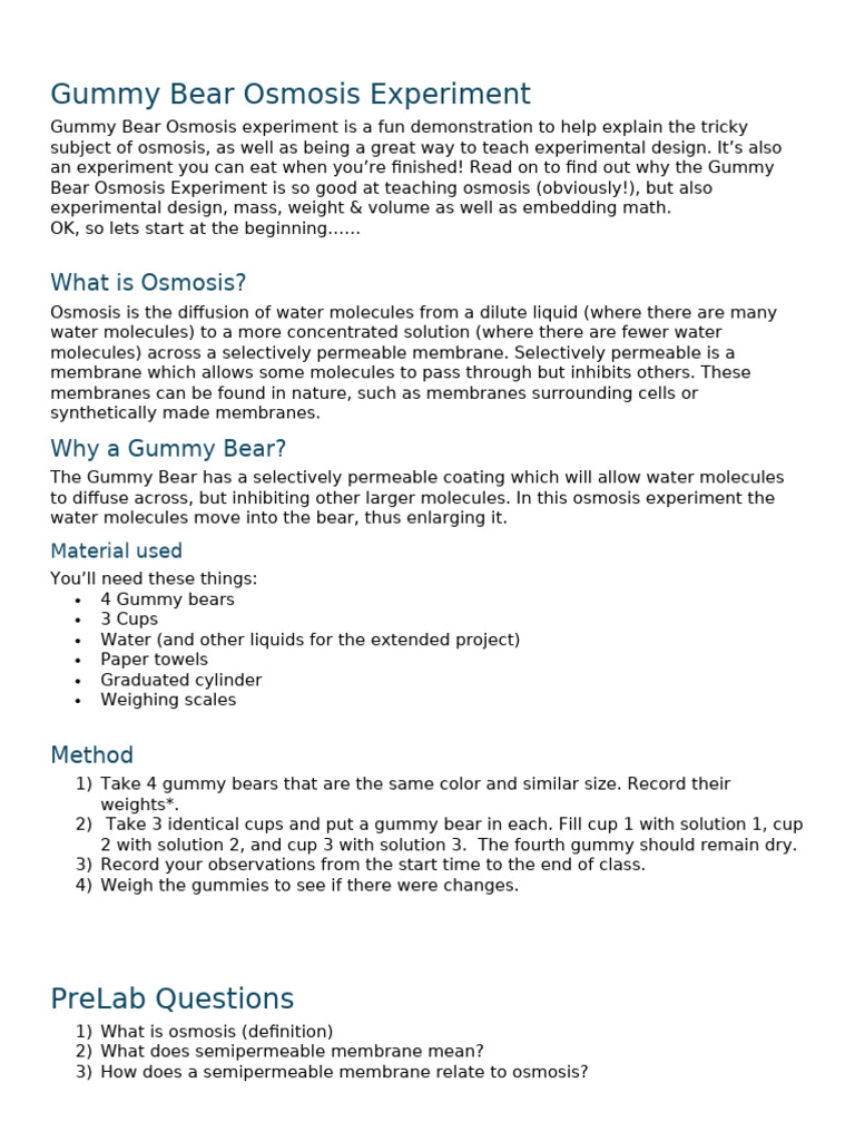 Gummy Bear Osmosis Experiment Guide | PDF | Osmosis | Cell Membrane
