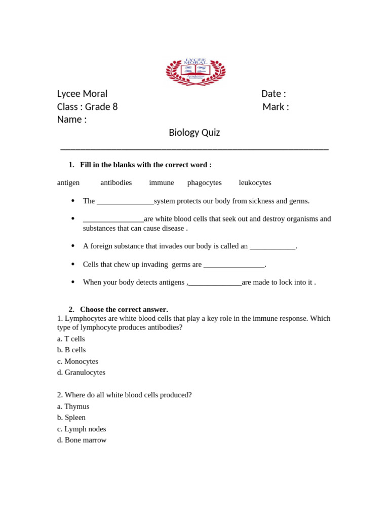 Grade 8 Immune System Quiz | PDF