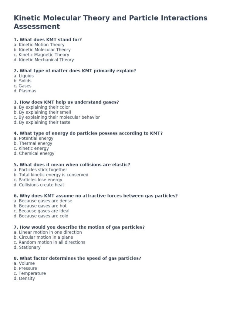 Kinetic Molecular Theory and Particle Interactions Assessment | PDF ...