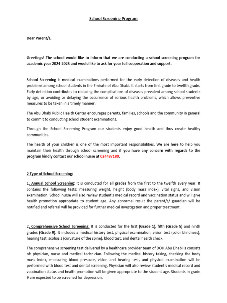 Abu Dhabi School Screening Program 2024 | PDF | Screening (Medicine ...