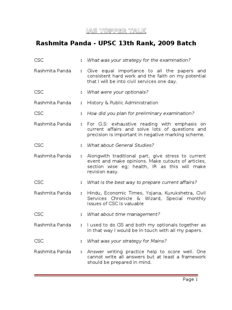 IAS Topper Talk Rashmita Panda UPSC 13th Rank 2009 Batch | PDF | Behavior Modification | Cognition