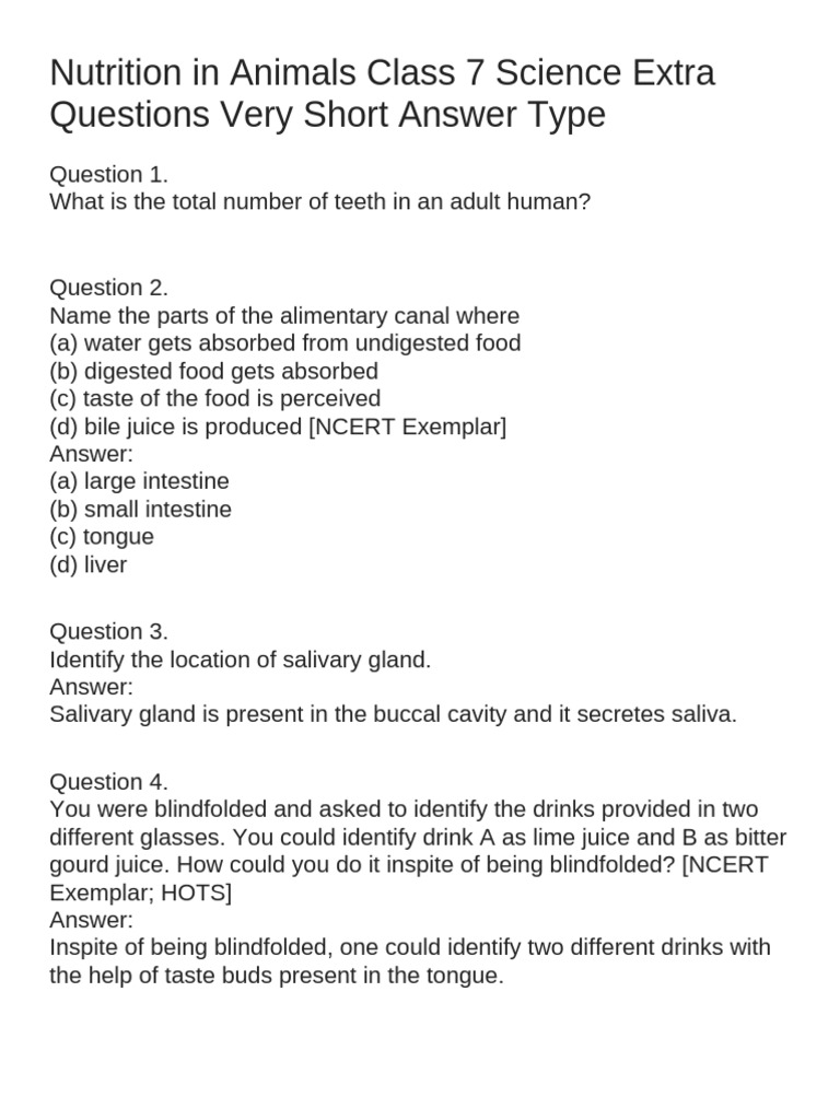 Nutrition in Animals Class 7 Science Extra Questions Very Short Answer ...