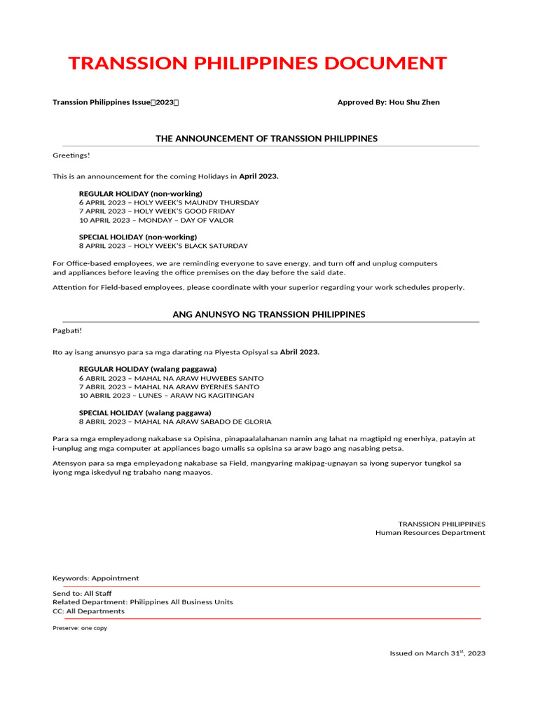 Holiday Announcement April - 20230401 | PDF