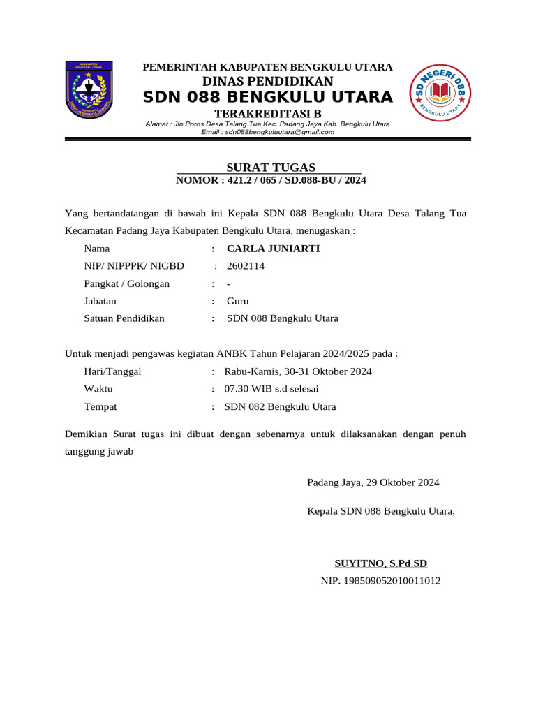 Surat Tugas Pengawas Anbk 2024 | PDF