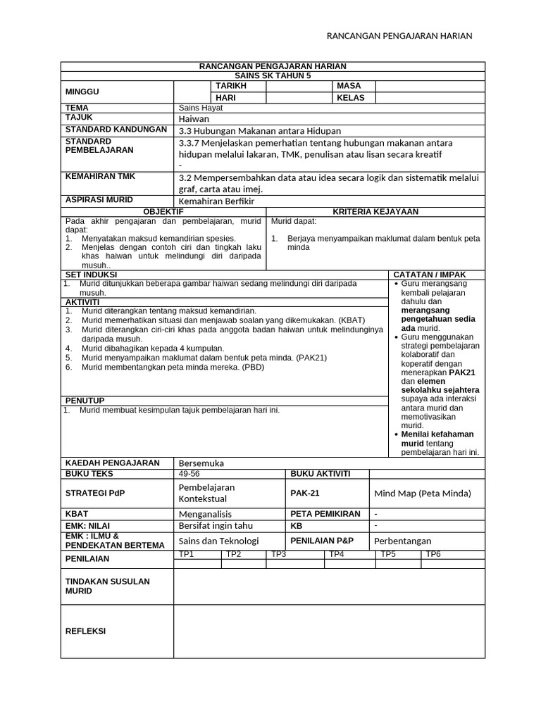 RPH Sains Darjah 5 Unit 3 | PDF