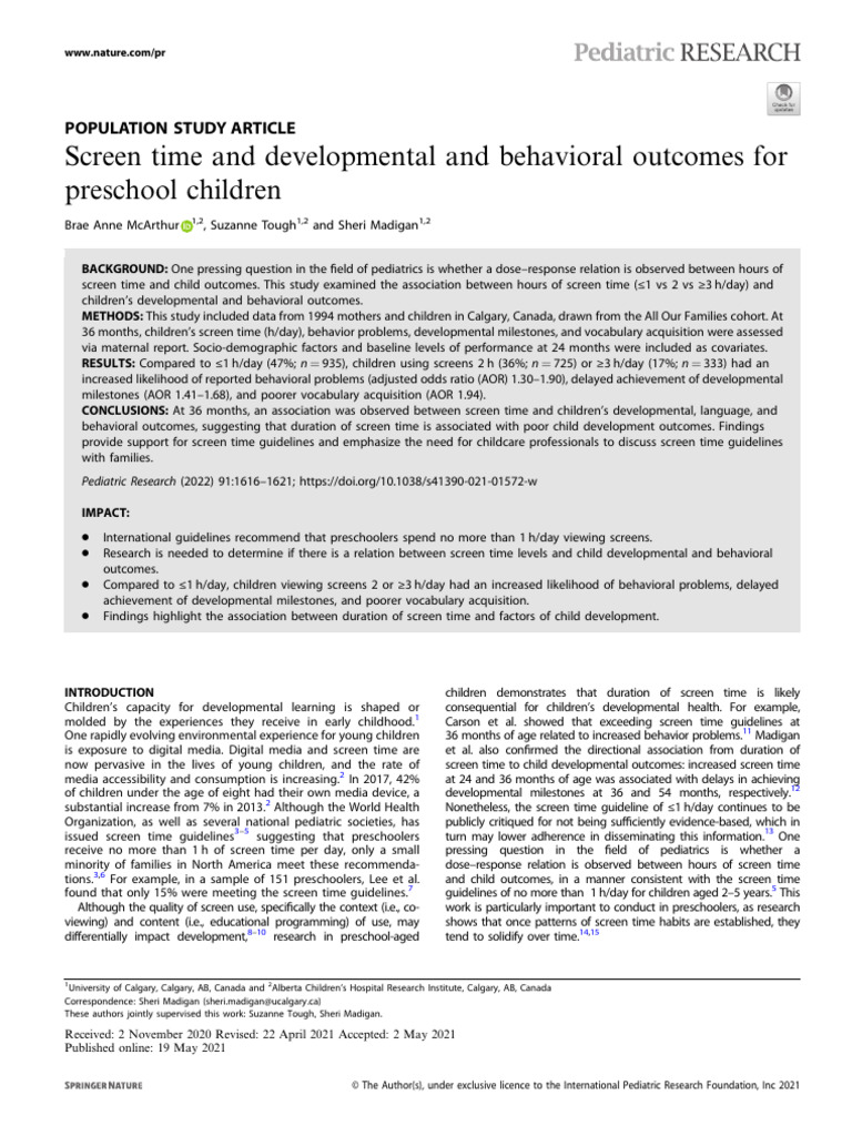 Screen Time and Developmental and Behavioral Outcomes For Preschool ...