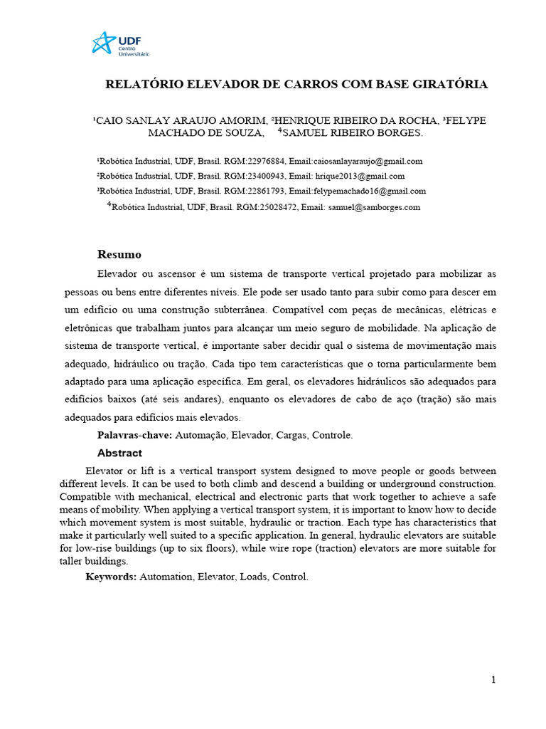 Relatório Elevador | PDF | Carro | Engenharia