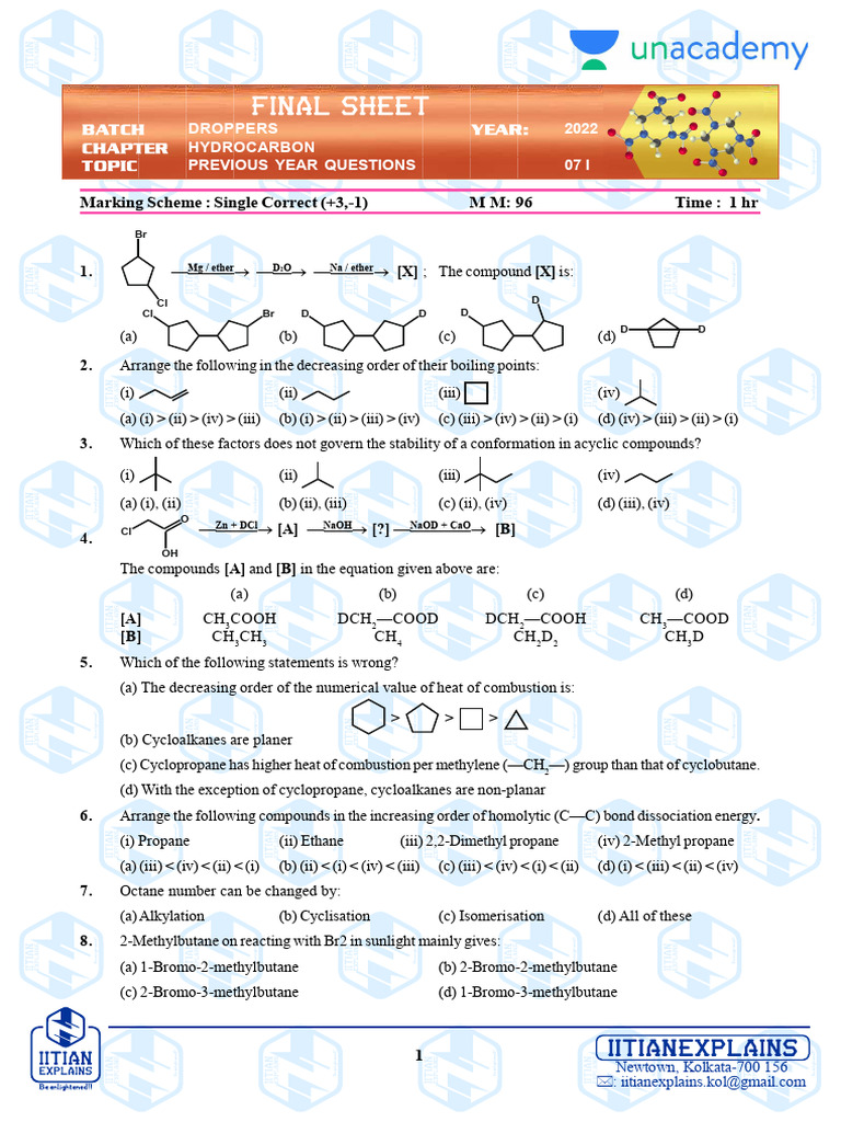 Hydrocarbon Chemistry Exam Questions | PDF | Chemical Reactions ...