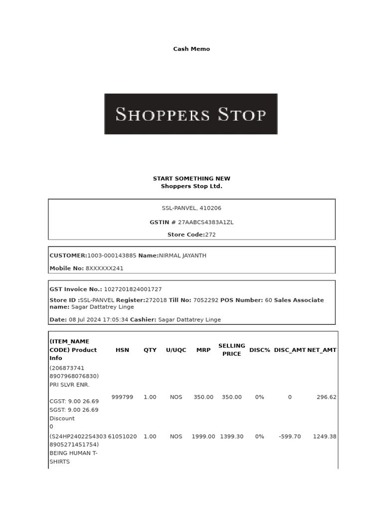 Shoppersstop Receipt 123463020627 | PDF | Receipt | Trade