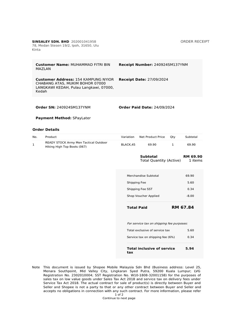 Shopee Order Receipt for Tactical Boots | PDF | Receipt | Economies