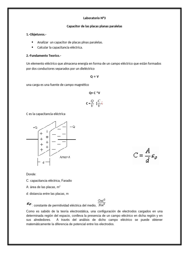 Lab 3 Fis 3 Capacitor de Placas Planas Paralelas | PDF | Condensador | Capacidad
