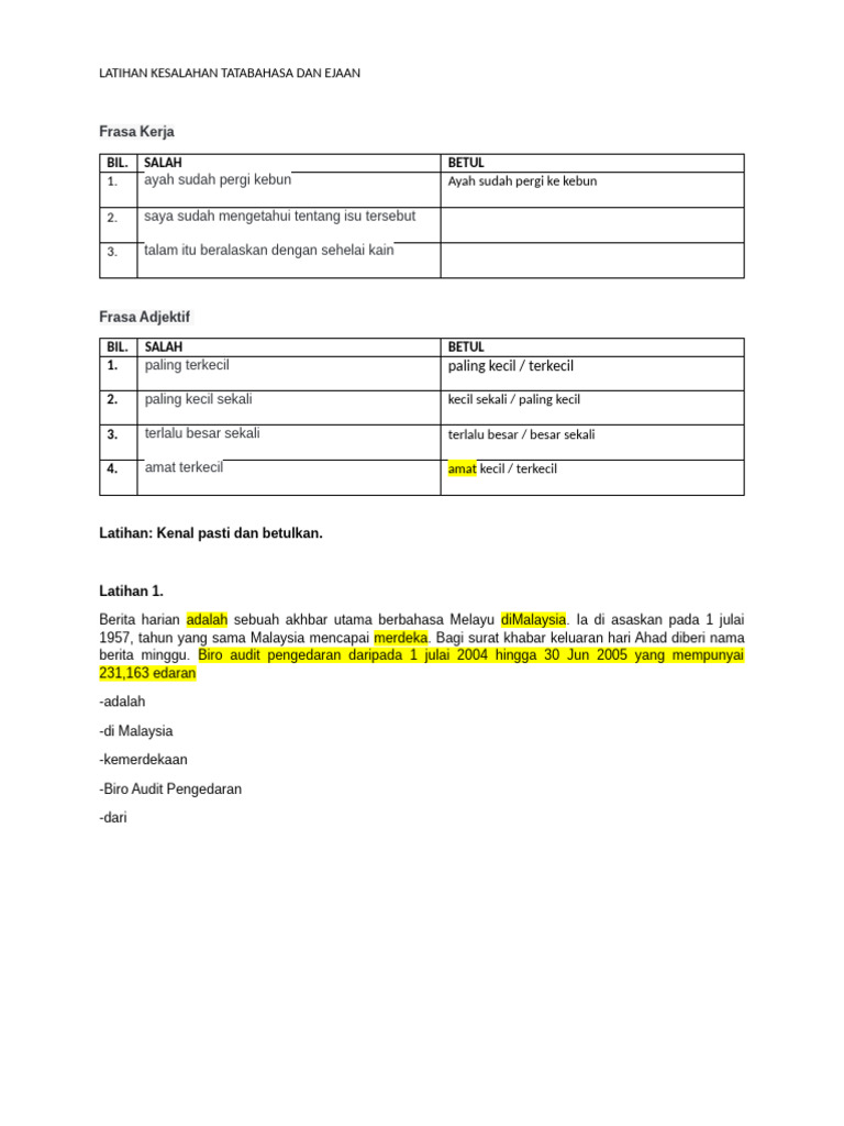 Jawapan Latihan Kesalahan Ejaan 2 | PDF