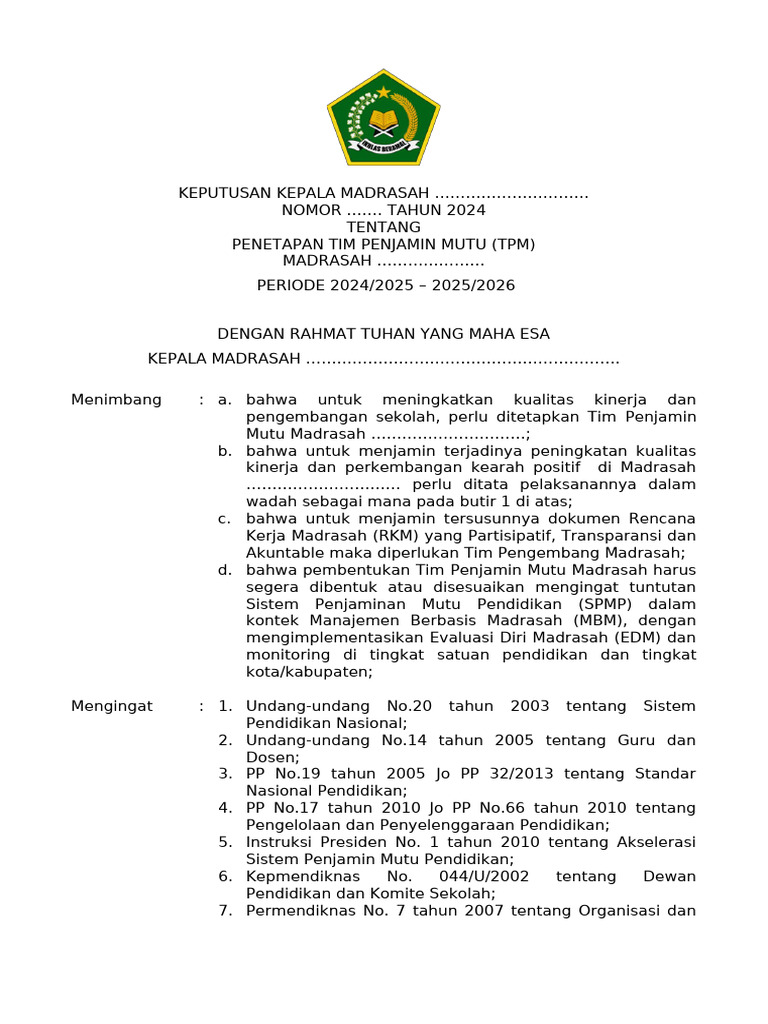 Template SK Tim Penjaminan Mutu (TPM) Madrasah | PDF | Karier & Perkembangan | Bisnis