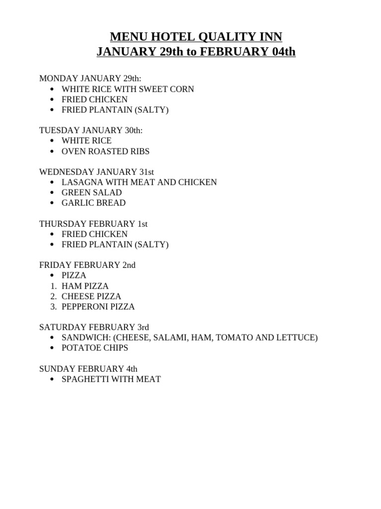 Quality Inn Weekly Menu Overview | PDF | Sausage | Pizza