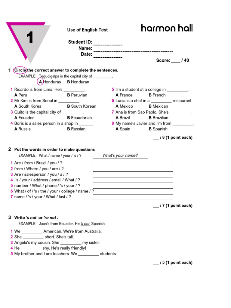 Course 1 Use of English Test | PDF | Ecuador