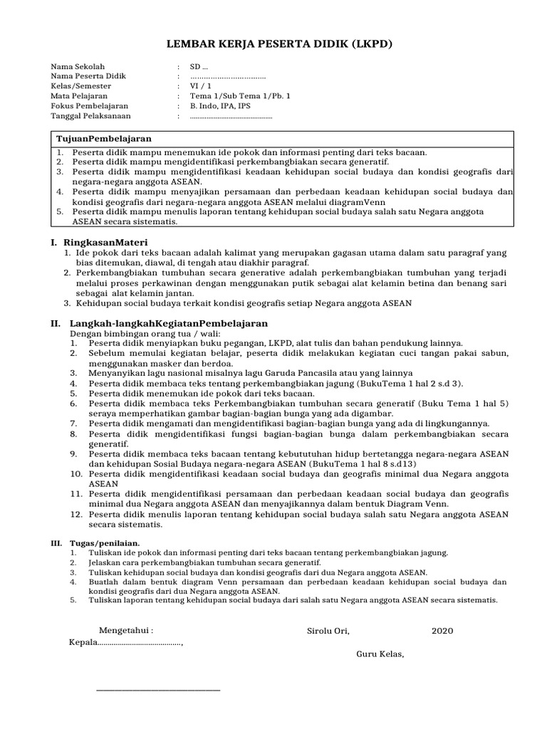 LKPD SD Kelas 6 Tema 1 Sub Tema 1 PB 1 | PDF