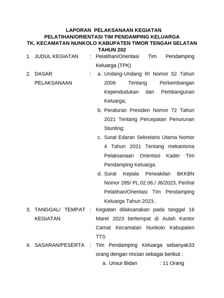 Out Line Laporan Kegiatan Orientasi TPK TK Kecamatan | PDF